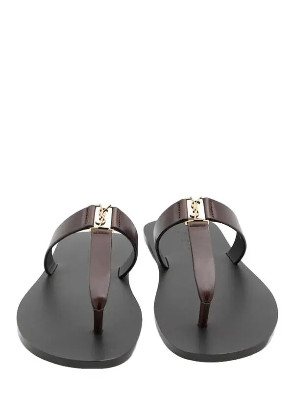 Saint Laurent Calf Leather T-strap Flat Sandals - Brown