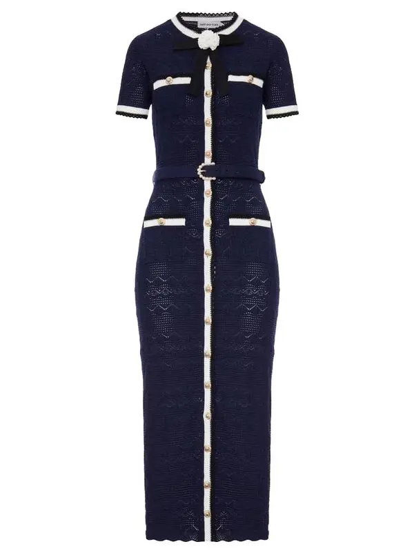 SELF-PORTRAIT Perforated Knit Midi Dress - Blue