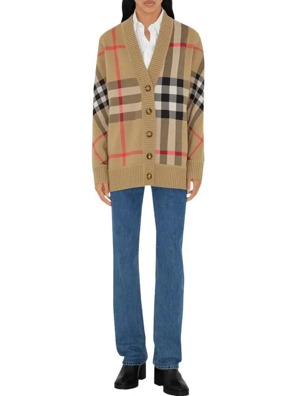Burberry Check Wool Blend Cardigan - Cream