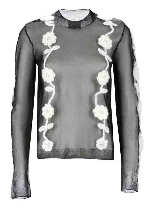 GANNI Mesh Top With Floral Applique - Black