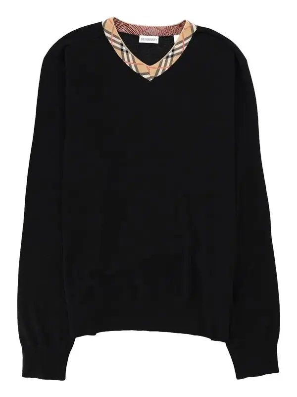 Burberry Maglia In Lana Merino Con Scollo Check - Black