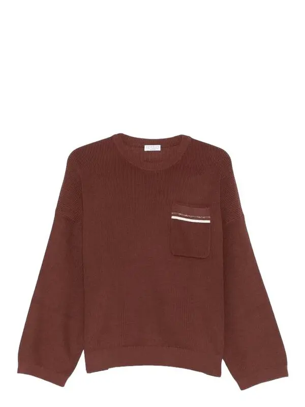 Brunello Cucinelli Striped Detail Pocket Cotton Jumper - Brown