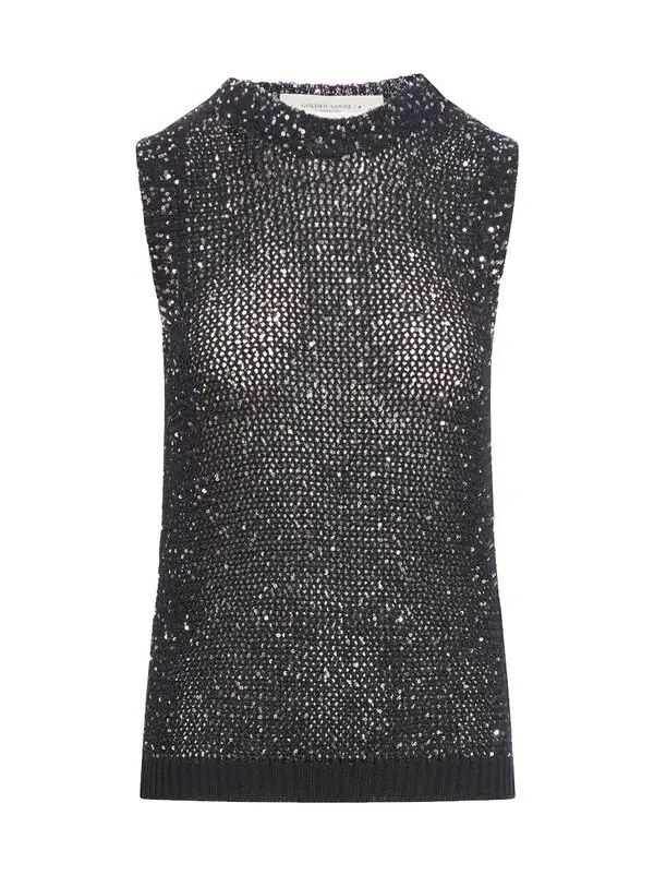 GOLDEN GOOSE Net Mesh Top With Sequins And Contrasting Details - Black