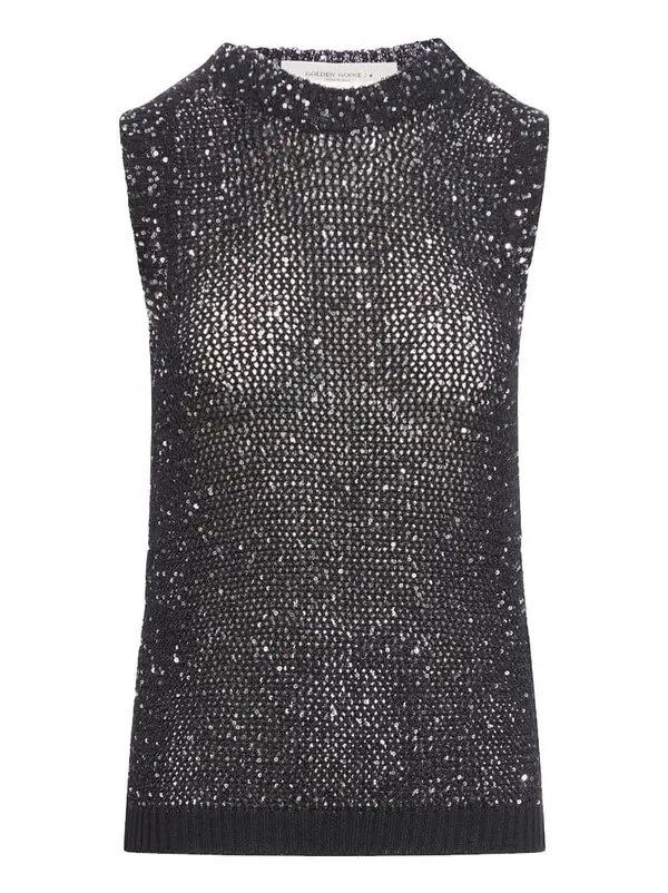 GOLDEN GOOSE Net Mesh Sequined Top - Black