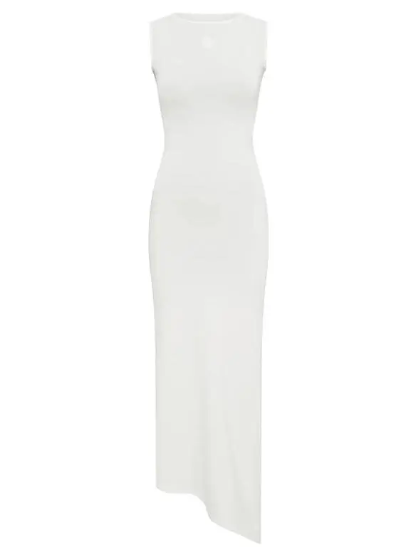 MARINE SERRE Sleeveless Logo Appliqué Asymmetrical Hem Day Dress - White