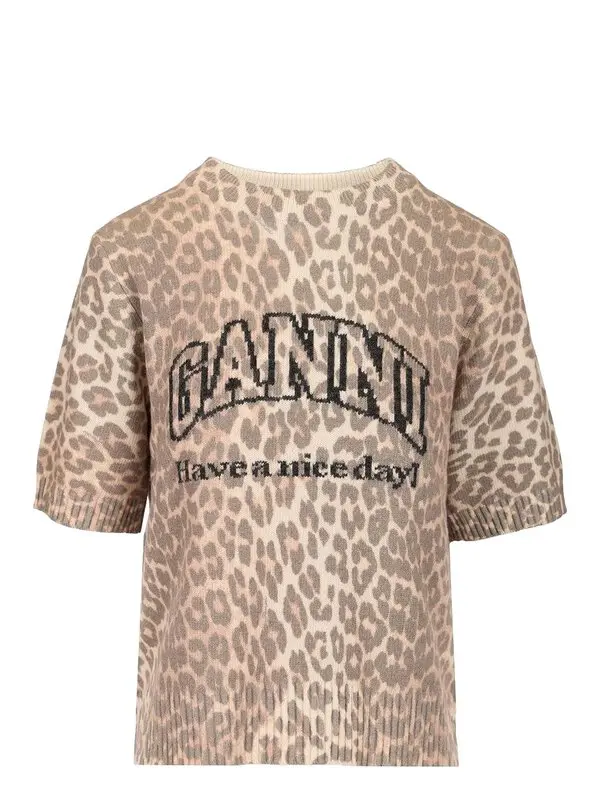 GANNI Leopard Print Wool Blend T-shirt - Multicolor