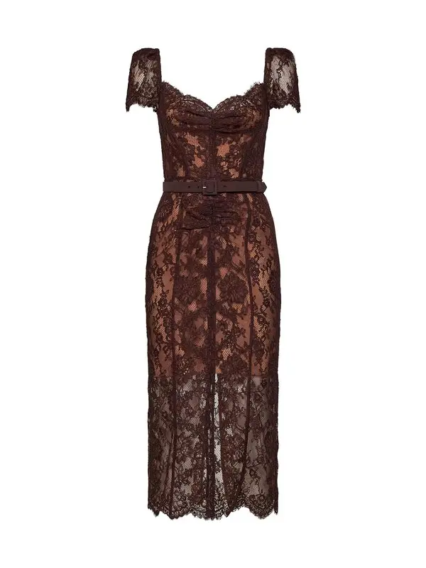 SELF-PORTRAIT Brown Floral Lace Belted Midi Dress - Multicolor