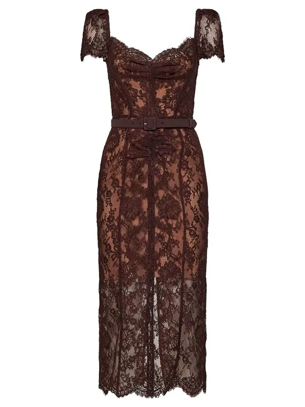 SELF-PORTRAIT Floral Lace Belted Midi Dress - Multicolor