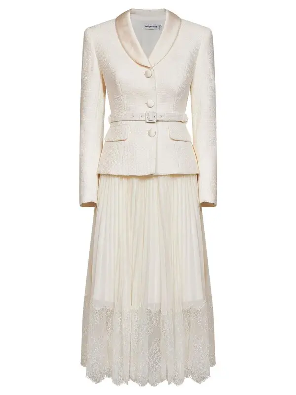 SELF-PORTRAIT Cream Georgette And Bouclé Belted Midi Dress - Multicolor