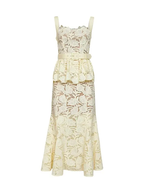 SELF-PORTRAIT Yellow Macramé Lace Belted Peplum Midi Dress - Multicolor