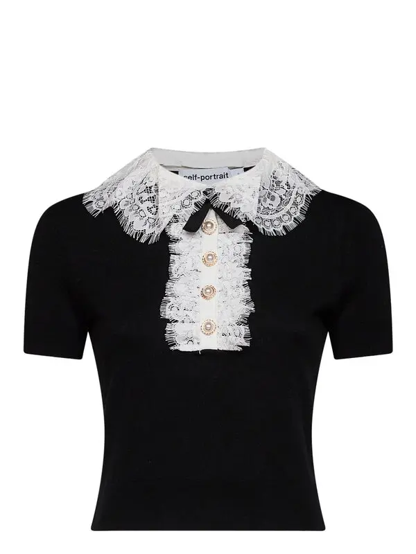 SELF-PORTRAIT Black Wool Knit Top With Lace Collar - Multicolor