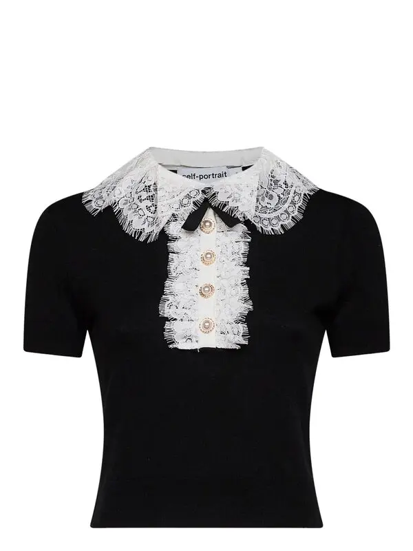 SELF-PORTRAIT Wool Knit Top With Lace Collar - Multicolor