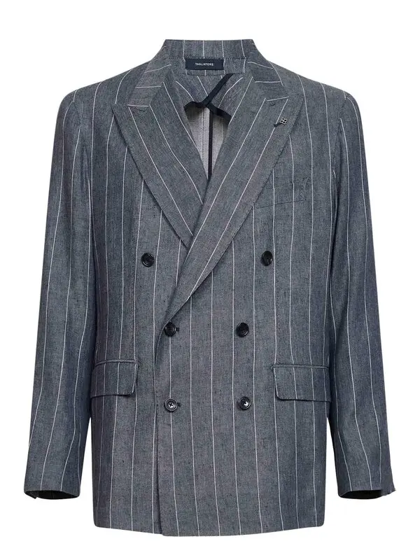 Tagliatore Blue Pinstriped Linen Blend New York Double-breasted Blazer - Multicolor