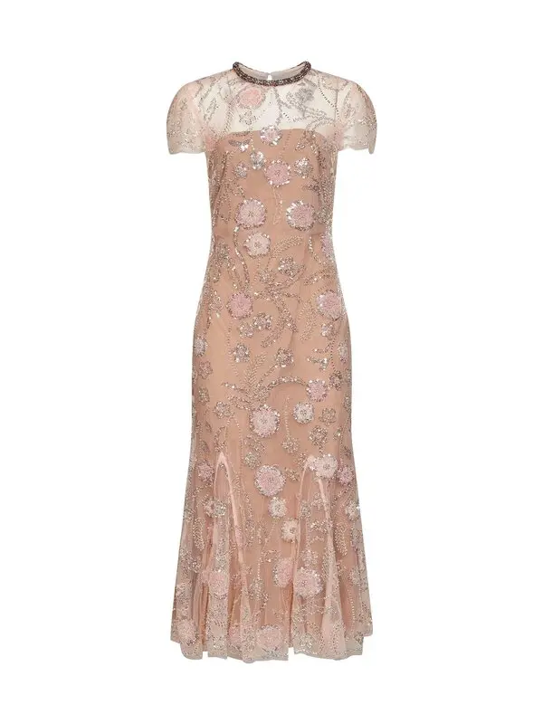 SELF-PORTRAIT Pink Sequin Flower-embroidered Tulle Midi Dress - Multicolor