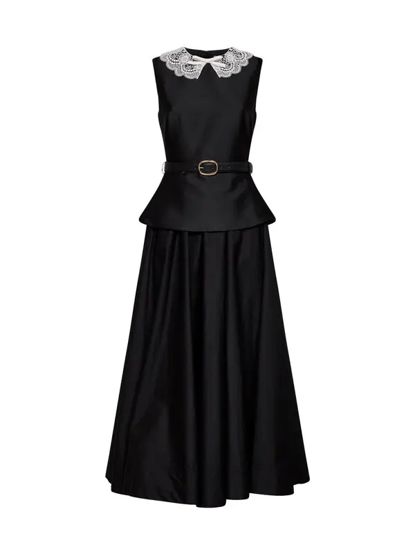 SELF-PORTRAIT Black Taffeta Belted Peplum Midi Dress - Multicolor