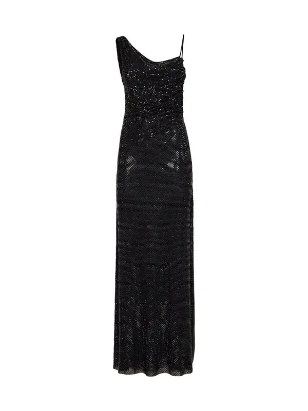 SELF-PORTRAIT Black Rhinestone-embellished Tulle Draped Maxi Dress - Multicolor