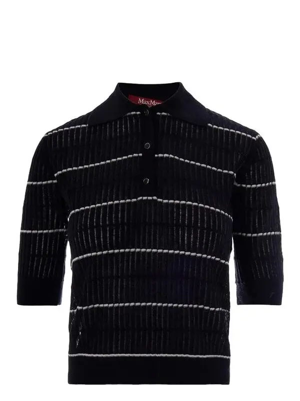 Max Mara Striped Ribbed Silk Polo Top - Black