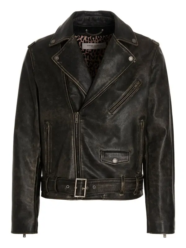 GOLDEN GOOSE Vintage Effect Leather Biker Jacket - Black