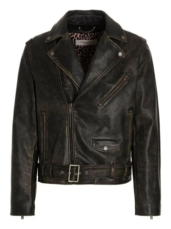 GOLDEN GOOSE Vintage Effect Leather Biker Jacket - Black