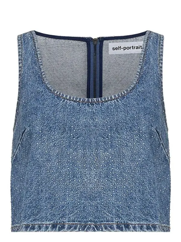 SELF-PORTRAIT Rhinestone Embellished Denim Crop Top - Multicolor
