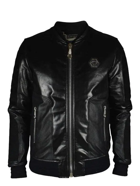 Philipp Plein Leather Bomber Jacket - Black