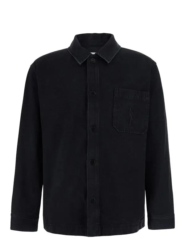 Saint Laurent Black Shirt With Classic Collar And Cassandre Embroidery On The Front In Cotton For - Multicolor