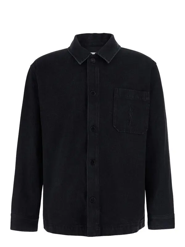 Saint Laurent Black Shirt With Classic Collar And Cassandre Embroidery On The Front In Cotton For - Multicolor