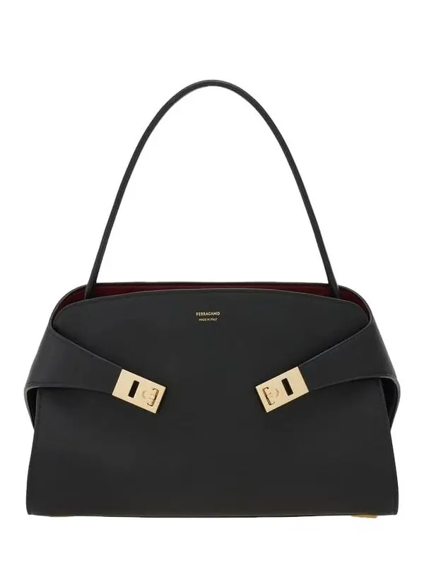 FERRAGAMO Calfskin Hug Soft Shoulder Bag - Black