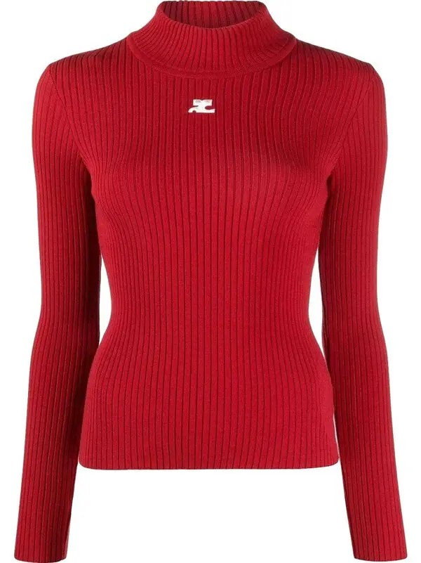 COURREGES Re-edition Rib Knit Mock Neck Pullover - Red
