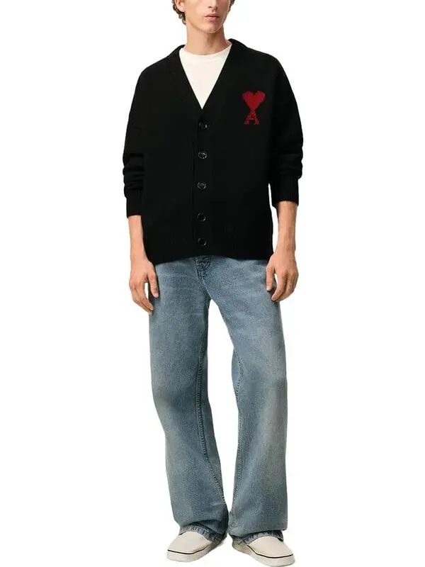 AMI Paris Wool Intarsia-knit Cardigan - Black
