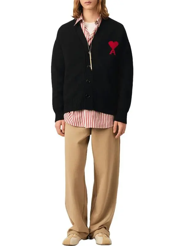AMI Paris Wool Intarsia-knit Cardigan - Black