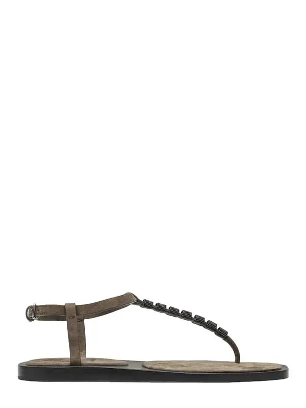 Brunello Cucinelli Beaded T-strap Flat Sandals - Brown