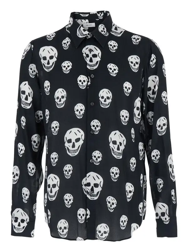 Alexander McQueen Black Pointed Collar Shirt With All-over Skull Print For - Multicolor
