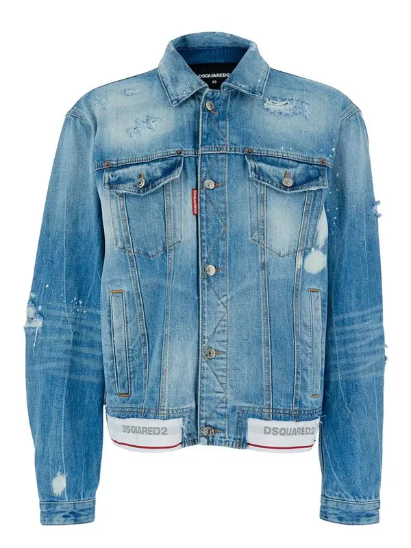 Dsquared2 Light Blue Jacket With Logo Band At The Waist And Ripped Design In Denim - Multicolor