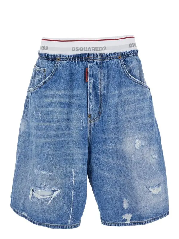 Dsquared2 Blue Shorts With Elastic Waist With Logo Lettering And Five-pocket Design In Denim - Multicolor