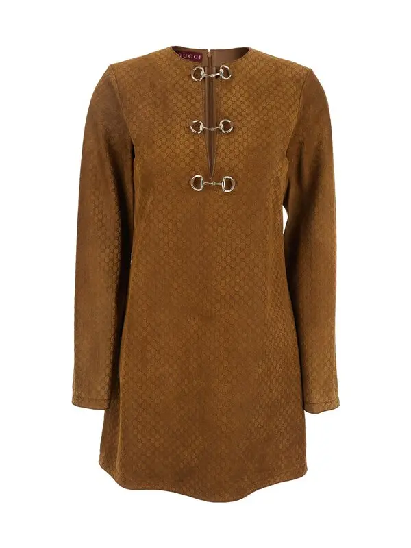 Gucci Brown Dress With Front Horsebit Details And All-over Gg Motif In Suede - Multicolor