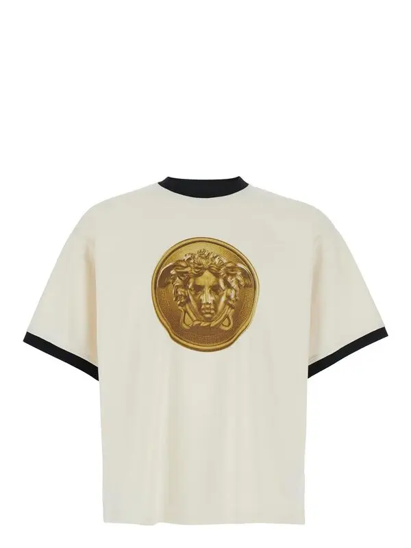 Versace White T-shirt With Mudusa Doblone Print On The Front In Cotton For - Multicolor
