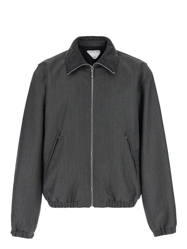 Bottega Veneta Grey Jacket With Classic Collar With Intreccio And All-over Pinstripe Motif In Wool For - Multicolor