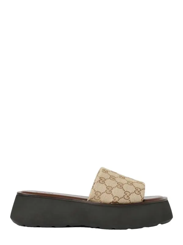 Gucci Low Wedge Sandals In Cotton Blend With Gg Monogram - Cream