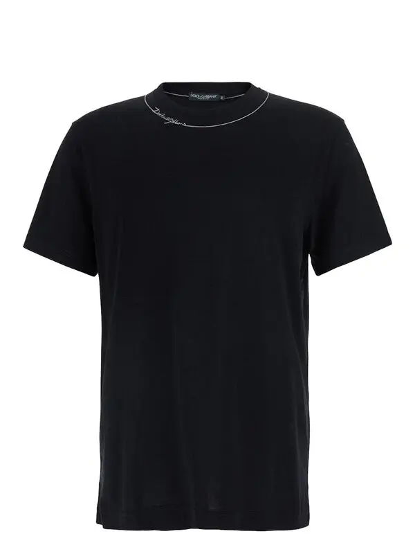 Dolce & Gabbana Crew Neck T-shirt With Logo Lettering On The Neck In Cotton For - Black
