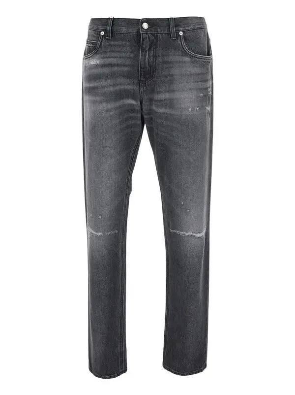 Dolce & Gabbana Grey Jeans With Ripped Details And Logo Patch On The Pocket In Denim For - Multicolor