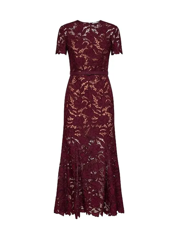 SELF-PORTRAIT Burgundy Macramé Lace Belted Midi Dress - Multicolor