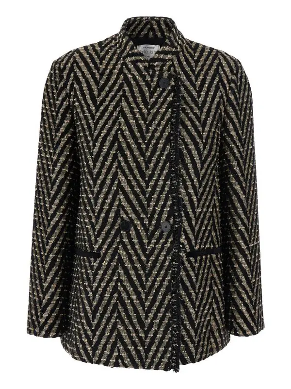 FORTE_FORTE Black Oversized Jacket With Chevron Motif And Micro Sequins In Tech Fabric For - Multicolor