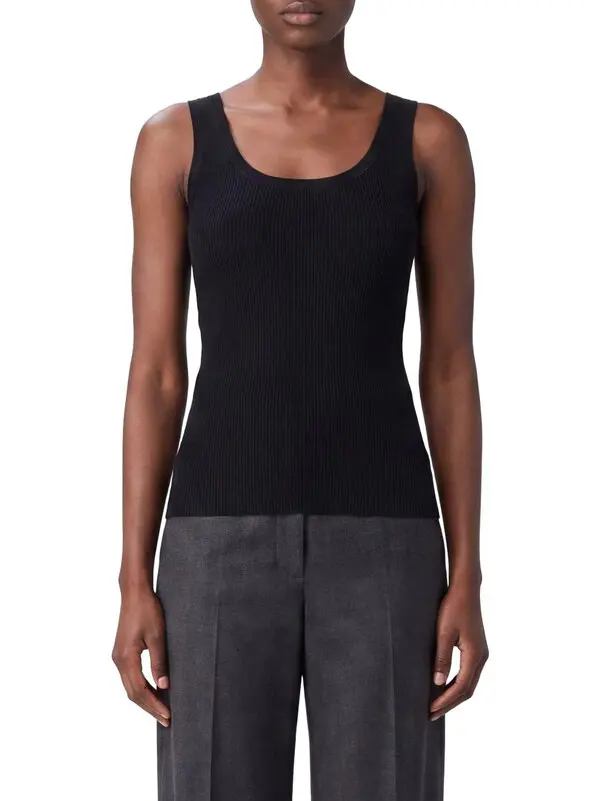 Max Mara Slim Fit Ribbed Cotton Knit U-neck Top - Brown