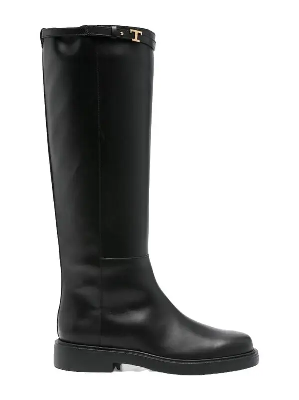 TOD'S Calf Leather Knee High Flat Boots - Black