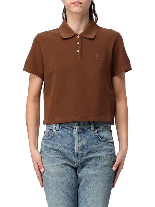 Saint Laurent Cotton Polo Shirt With Embroidered Monogram - Brown
