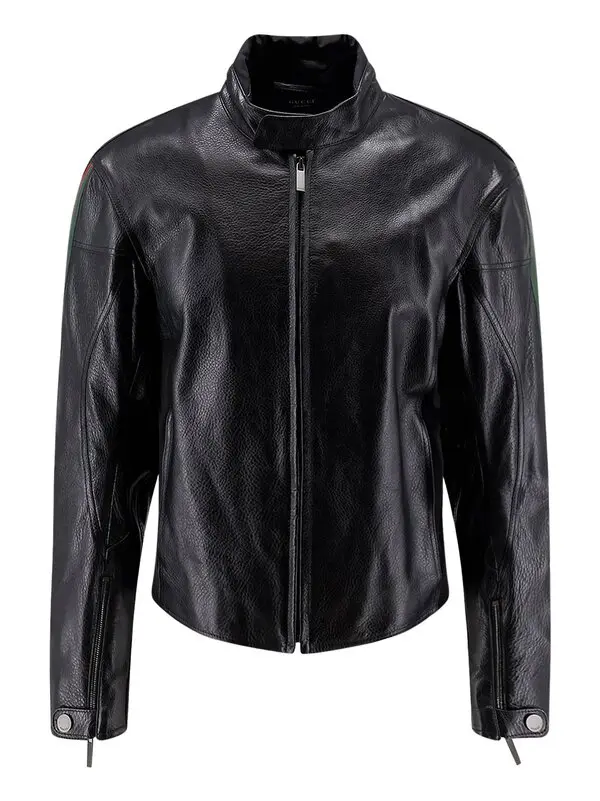 Gucci Leather Bomber With Web Details - Black