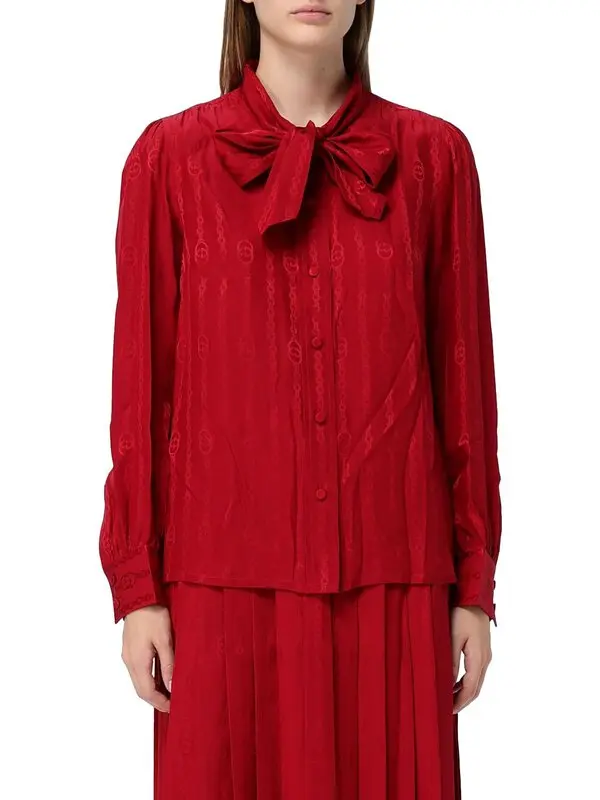 Gucci Gg Monogram Silk Shirt With Pussy-bow Collar - Red