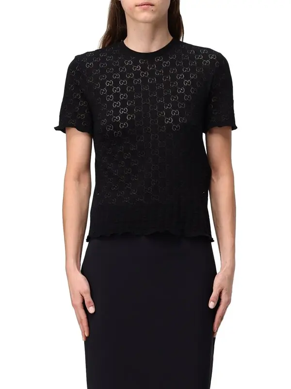 Gucci Slim Fit Cotton Knit Top With Jacquard Gg Monogram - Black