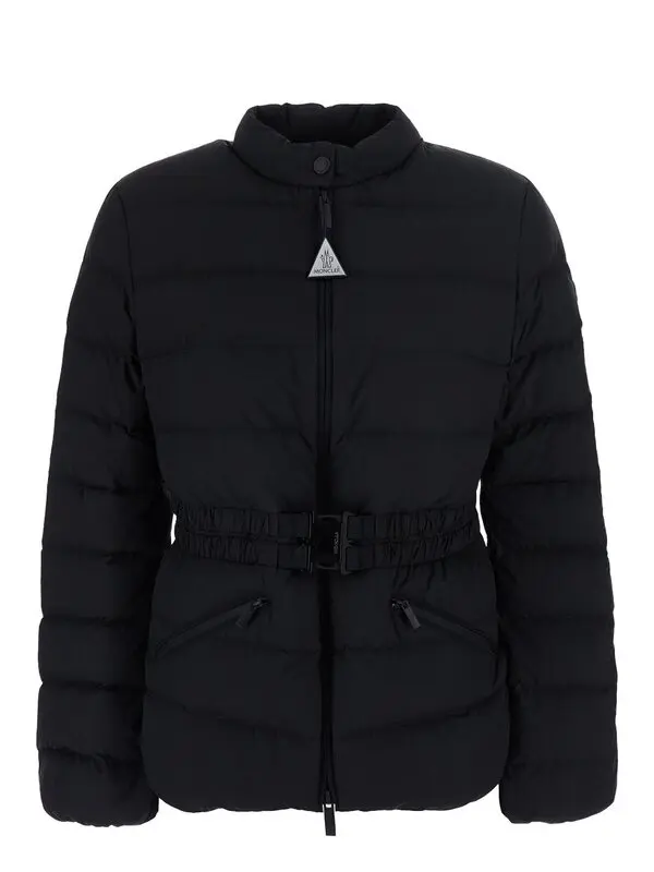 Moncler Esthetique' Black Down Jacket With Waist Belt And Logo Patch On The Sleeve In Tech Fabric For - Multicolor